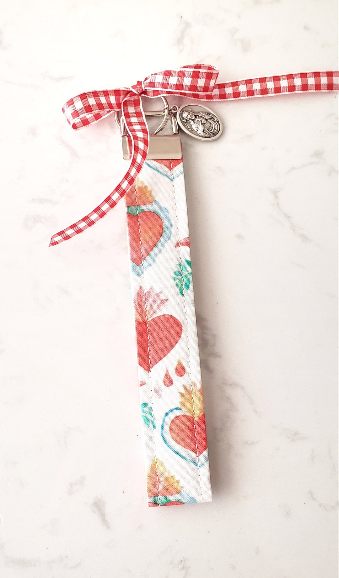 Sacred Heart of Jesus key Fob Wristlet Gingham Red Lanyard for Keys ...
