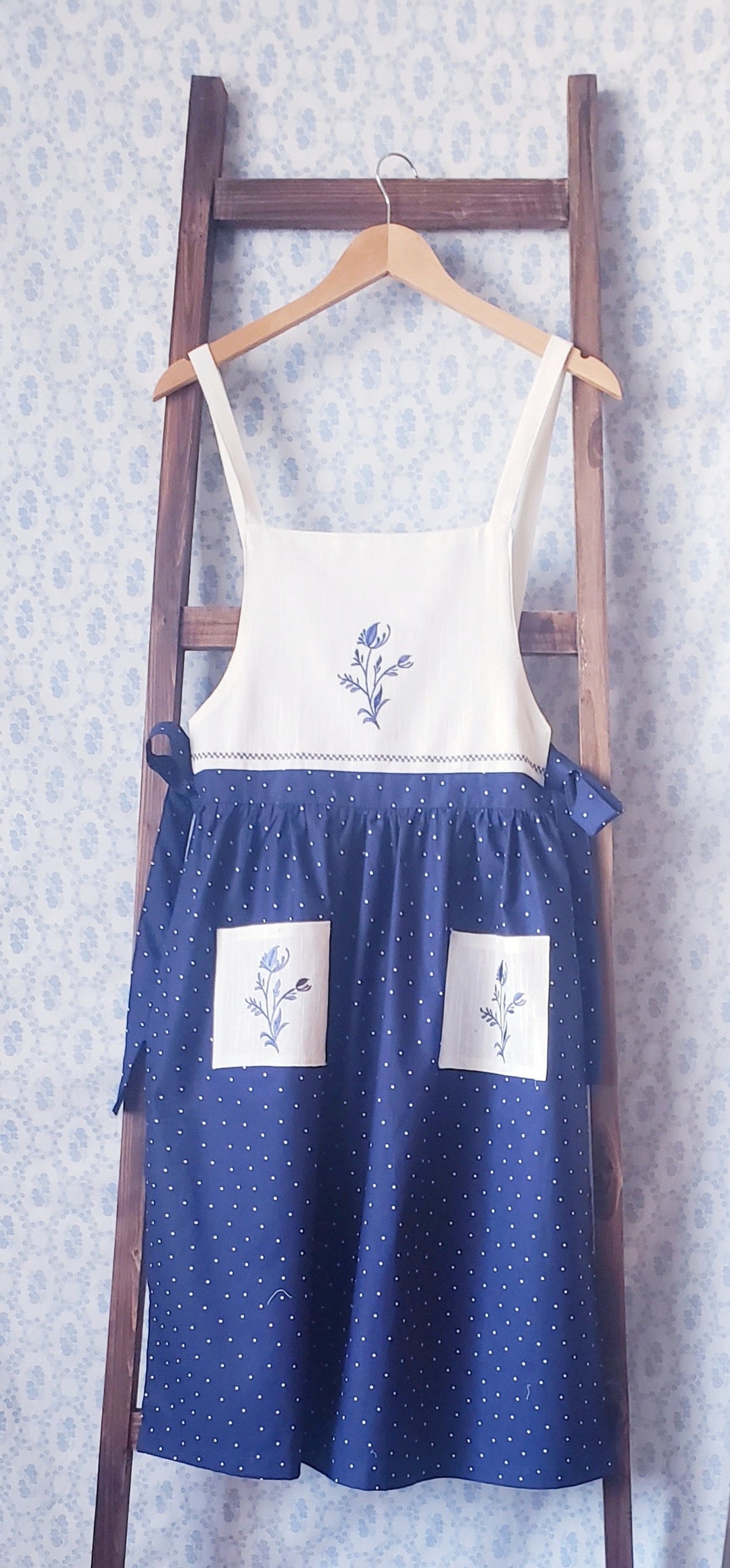 Navy Pinafore Dress/ Upcycled Fabric Dress/ the model of Poverty Apron ...