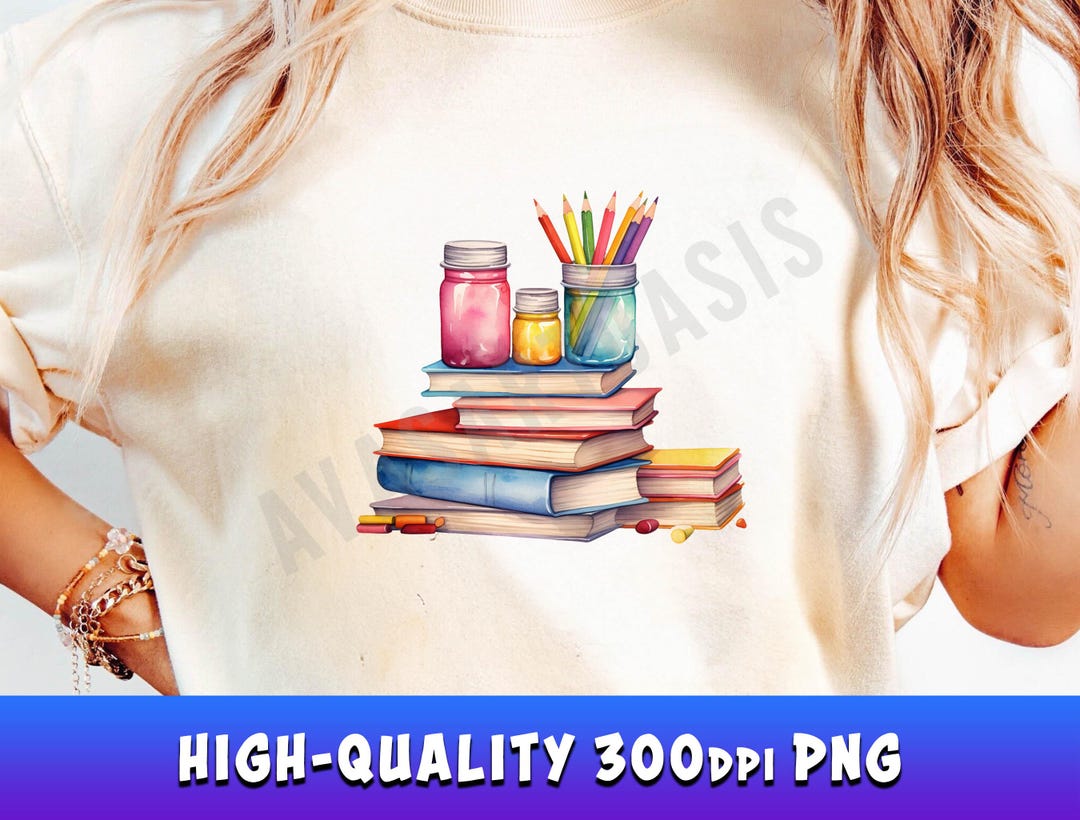 Watercolor Books and Art Tools Clipart, 300dpi PNG, Teacher Life PNG ...