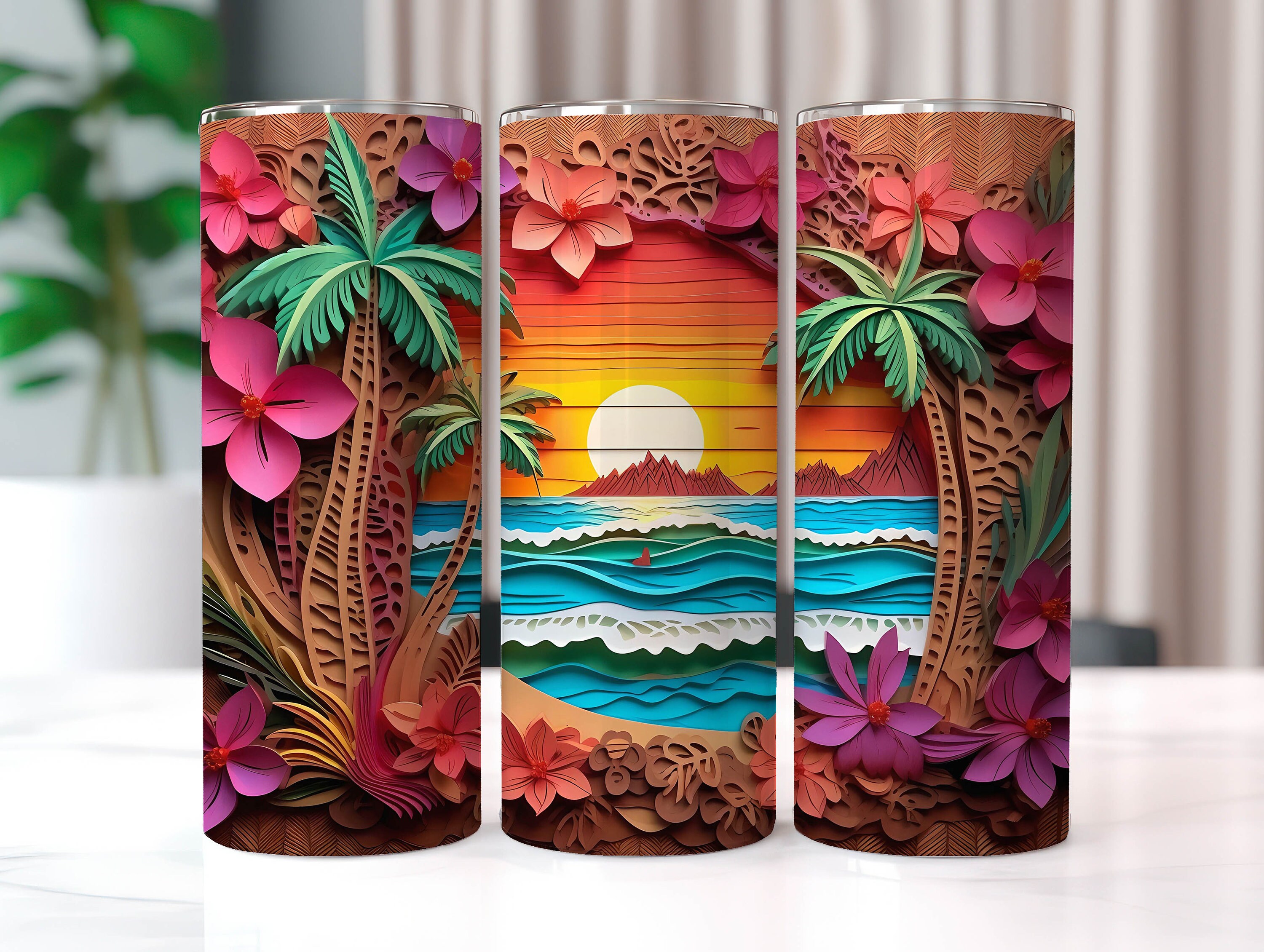 3D Hawaii With Flowers Paper Cutout 20 Oz Skinny Tumbler Sublimation ...