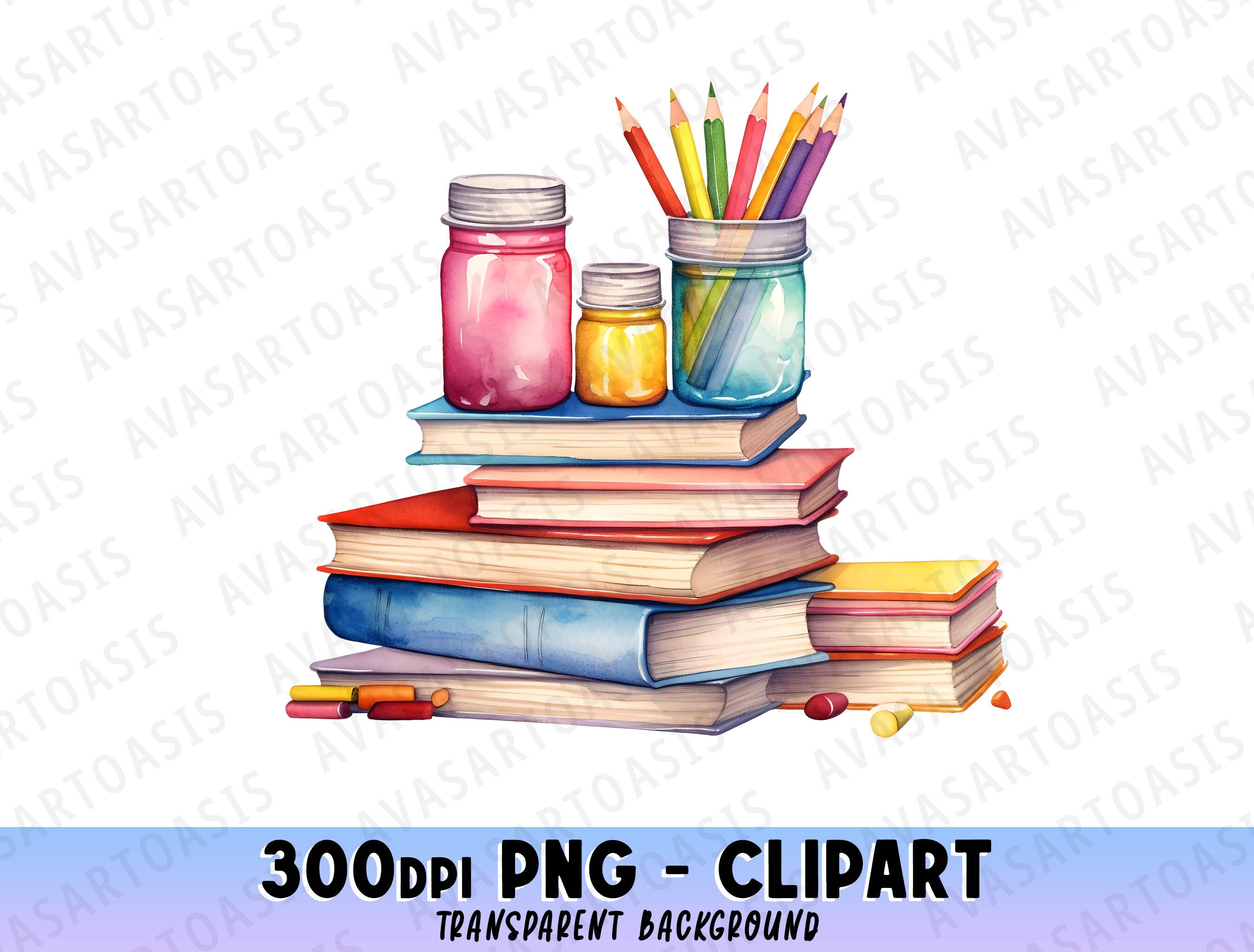 Watercolor Books and Art Tools Clipart, 300dpi PNG, Teacher Life PNG ...