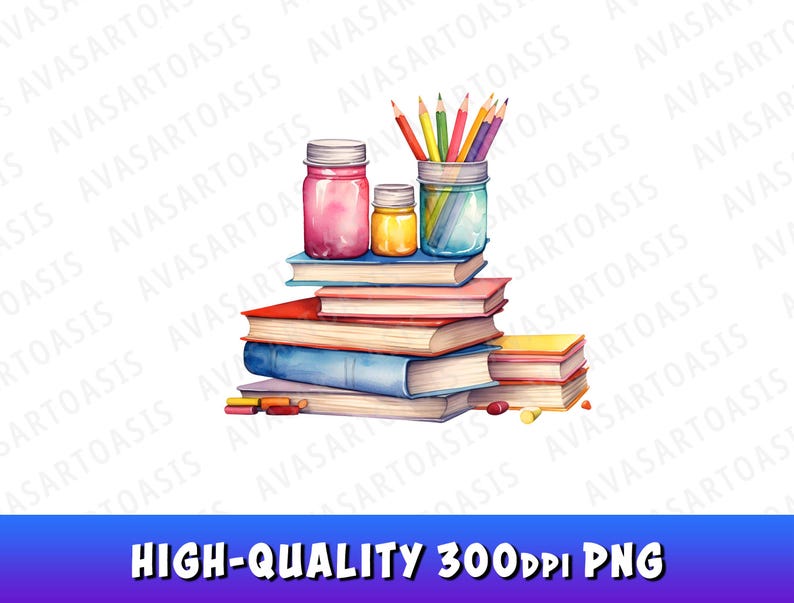 Watercolor Books and Art Tools Clipart, 300dpi PNG, Teacher Life PNG ...