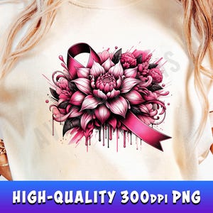 Cancer Ribbon With Pink Flower PNG Sublimation Design, Breast Cancer ...