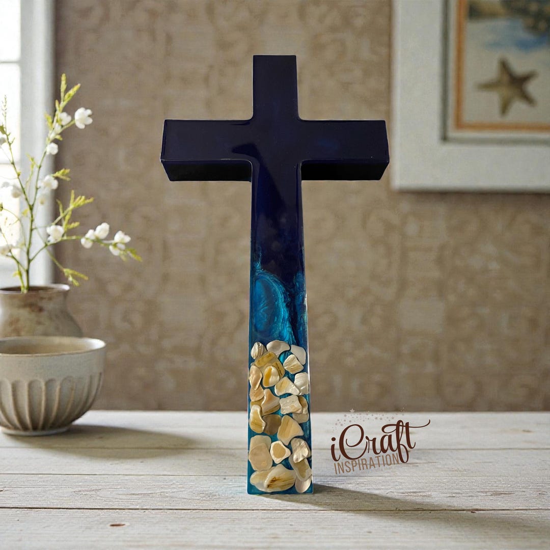 Deep Blue Ocean Resin Cross With Natural Stones – Handmade Christian ...