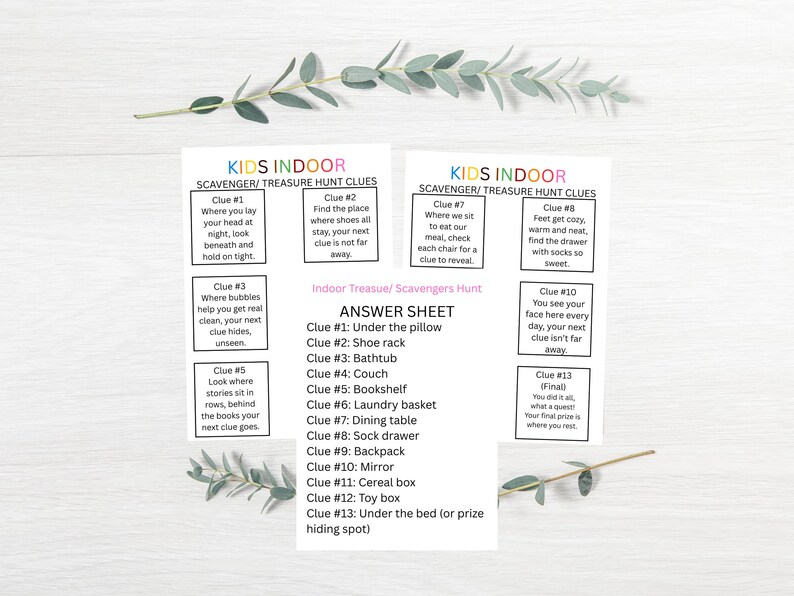 Kids Indoor Scavenger Hunt Clues, Treasure Hunt for Kids Template ...