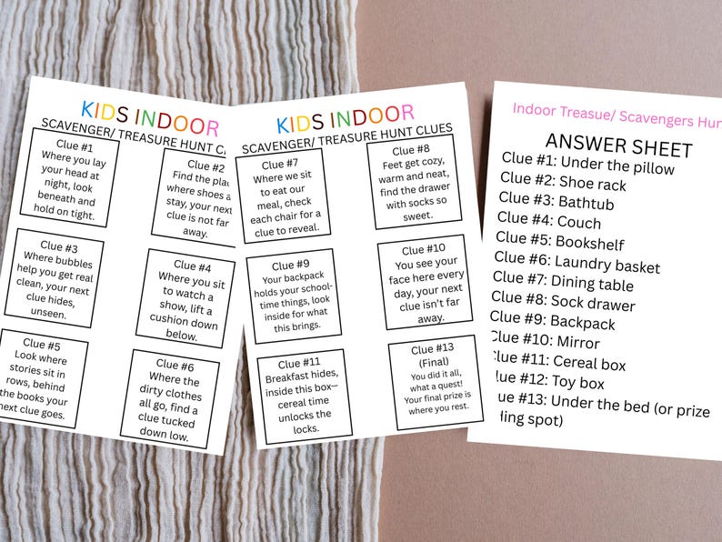 Kids Indoor Scavenger Hunt Clues, Treasure Hunt for Kids Template ...