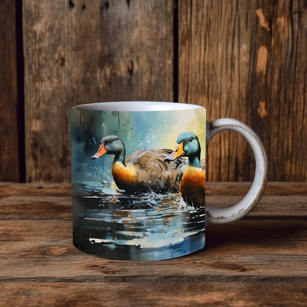 Watercolor Flock of Vintage Ducks in a Pond Mug, Duck Mug, Duck Coffee ...