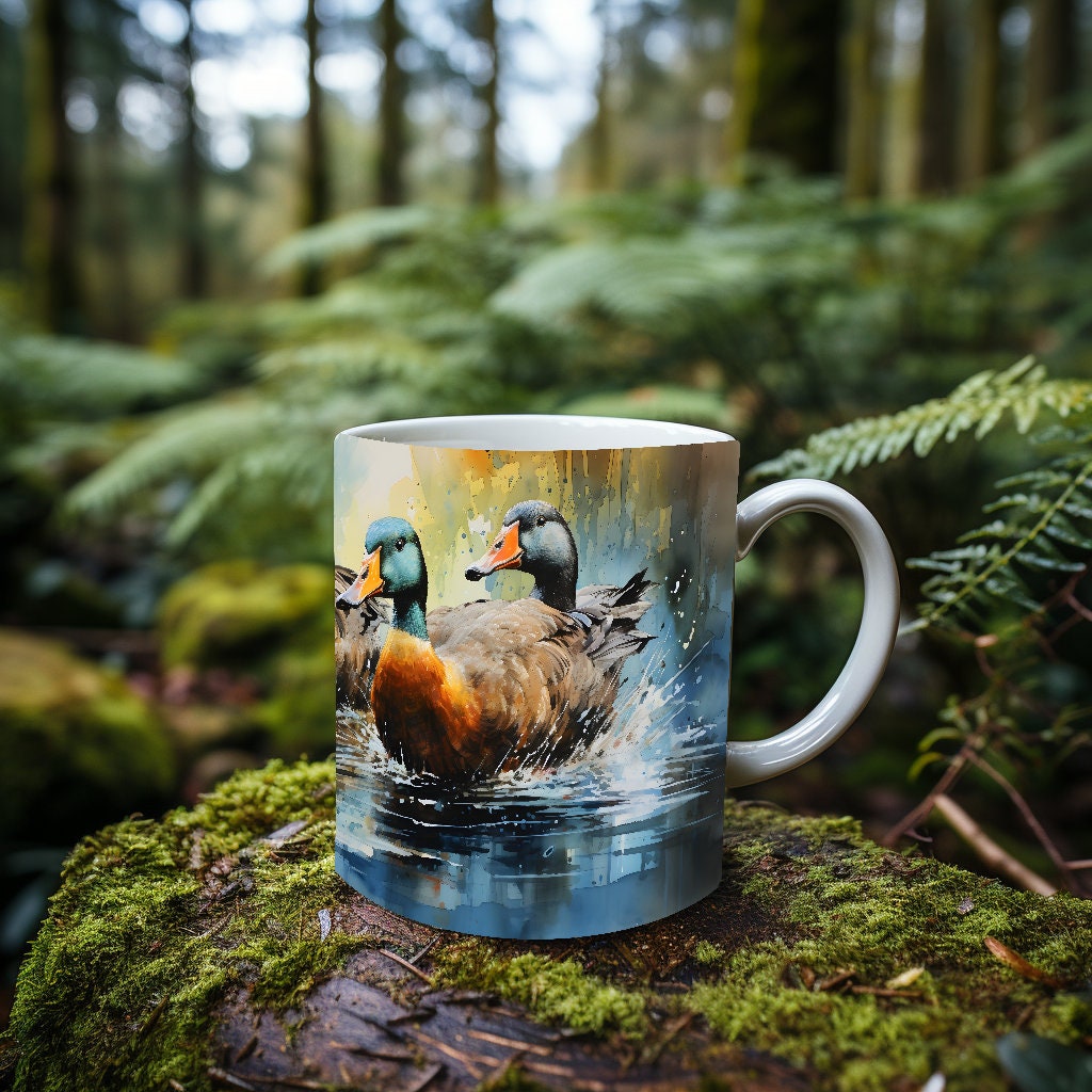 Watercolor Flock of Vintage Ducks in a Pond Mug, Duck Mug, Duck Coffee ...