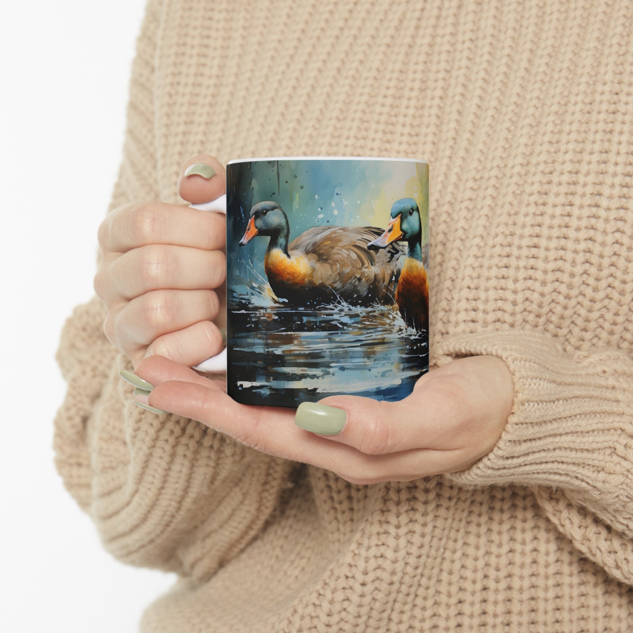 Watercolor Flock of Vintage Ducks in a Pond Mug, Duck Mug, Duck Coffee ...