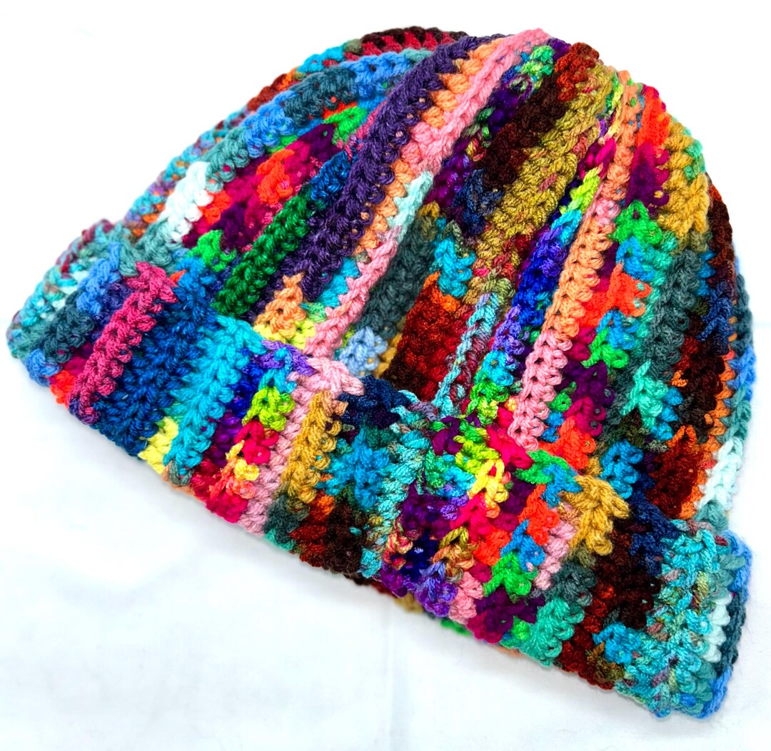 Crochet Scrap Yarn "technicolor Rainbow" Beanie -avg. Adult Size - Etsy