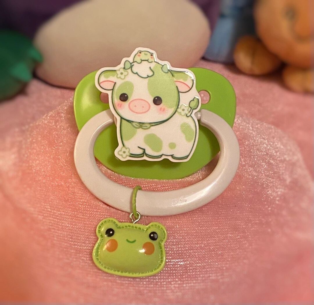 Adult Pacifier green Flower Froggie Cow With Frog Charm Green and White ...