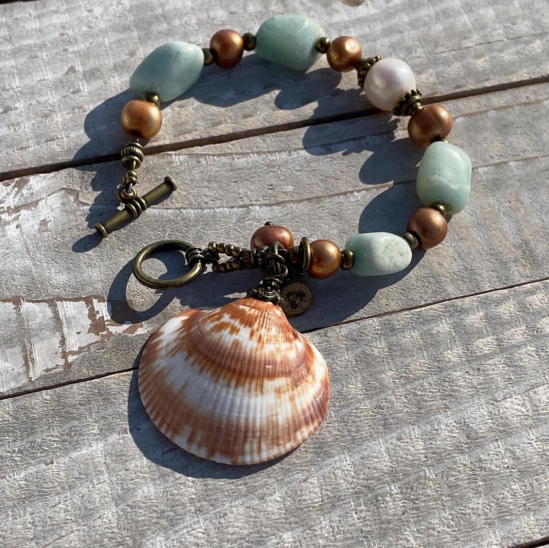 Pearl and Sea Shell Charm Bracelet, Seashell Bracelet, Coastal Jewelry ...