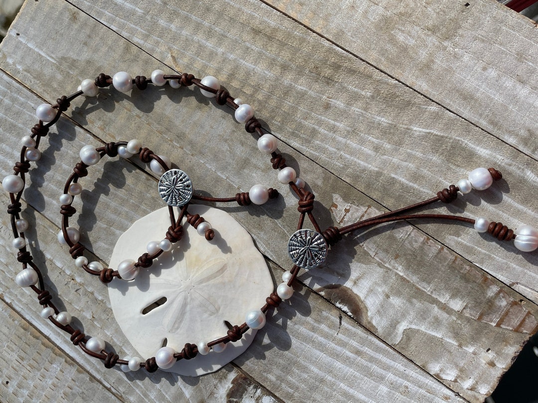Leather and Pearls Sand Dollar Duo: Necklace and Bracelet - Etsy