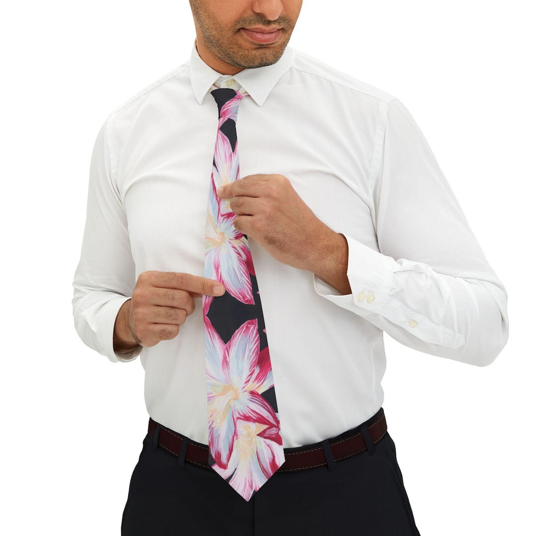 Pink Lily Floral Necktie, Flower Patterned Tie, Wedding Neckwear, Gift ...