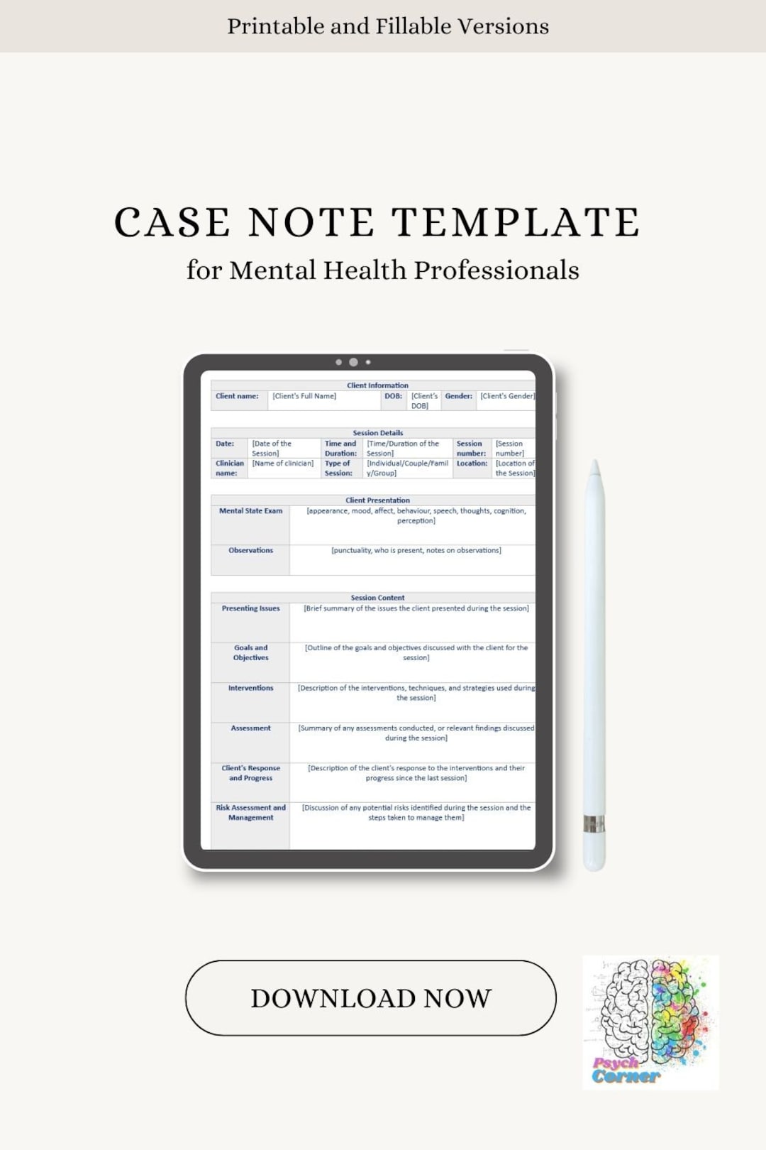 Therapist Case Note Template: Psychology Client Record (PDF & Word ...