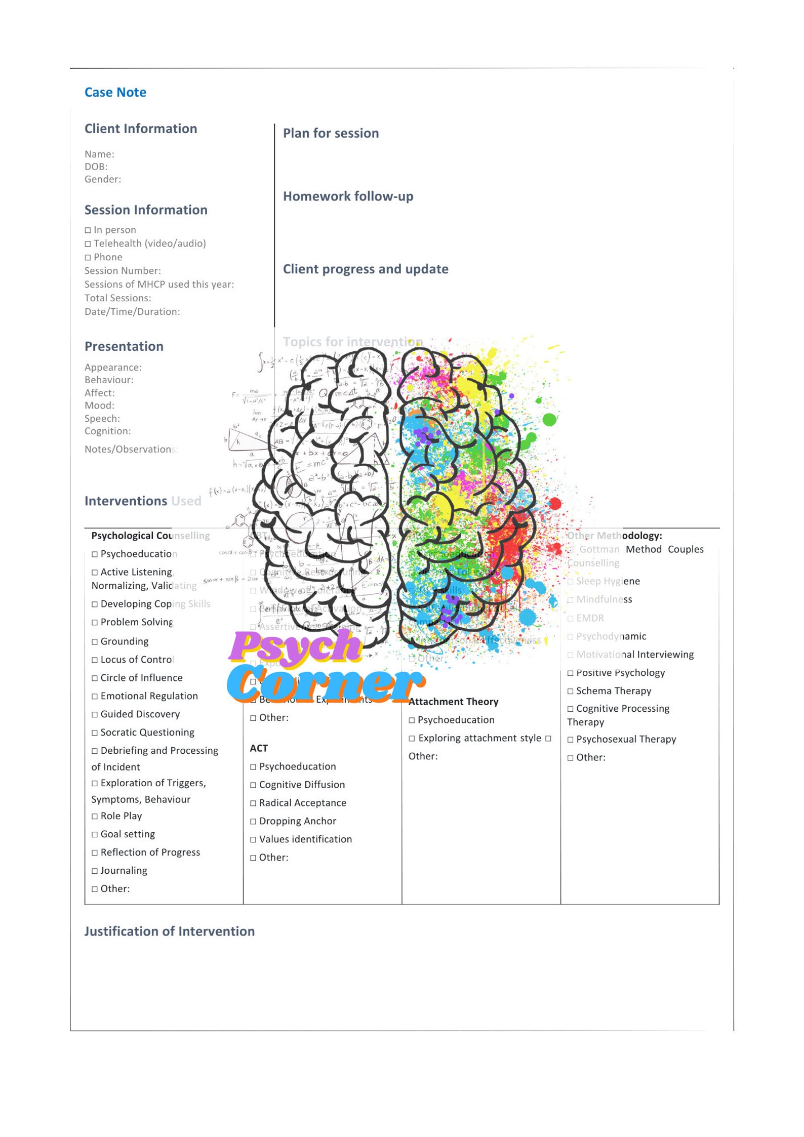 Therapist Case Note Template: Psychology Client Record (PDF & Word ...