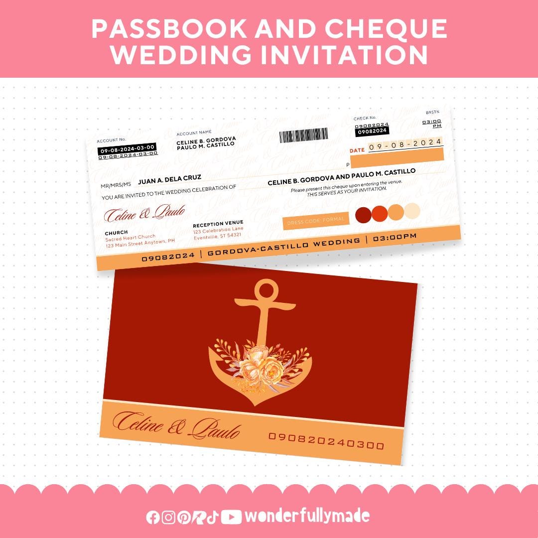 Bank Passbook and Cheque Editable Wedding Invitation Template - Etsy