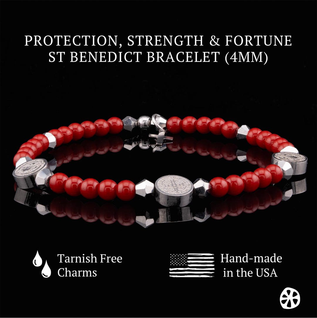 St Benedict Red Jade - Stainless Steel Protection Rosary Bracelet Custom Sized - Ultra Slim ...