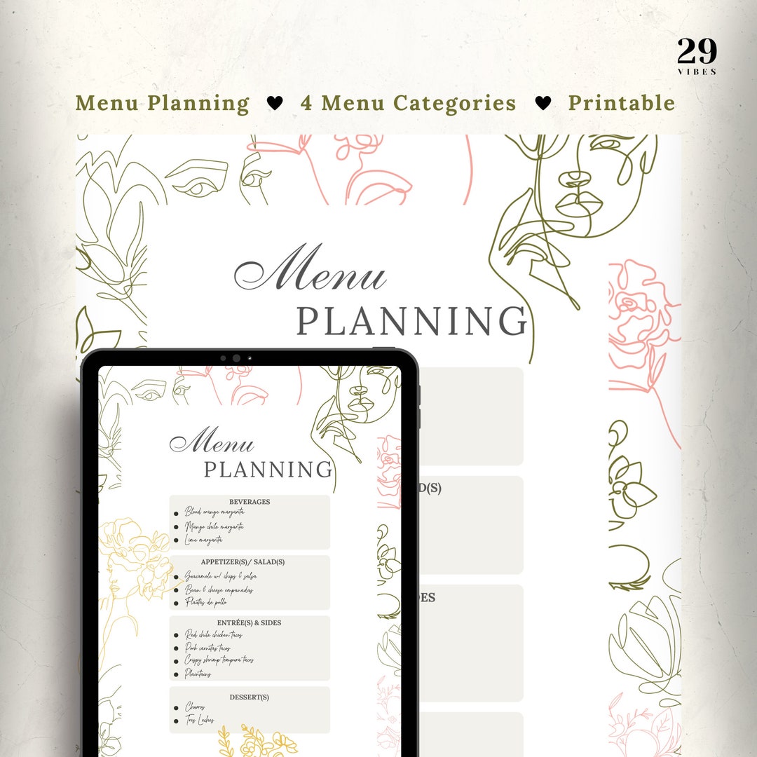 Menu Planning Template | Digital Template | Printable Template | Event ...
