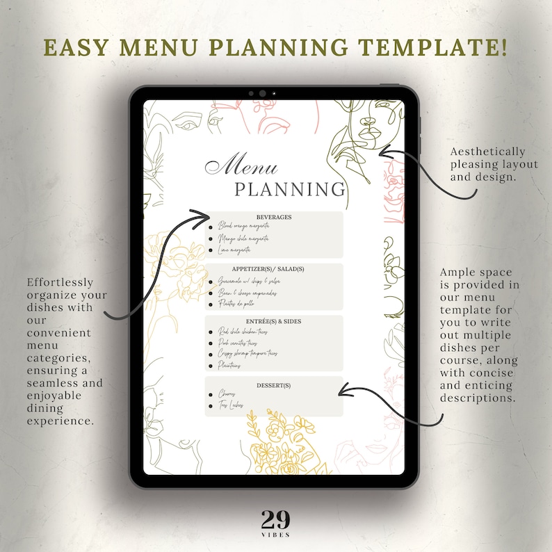 Menu Planning Template | Digital Template | Printable Template | Event ...