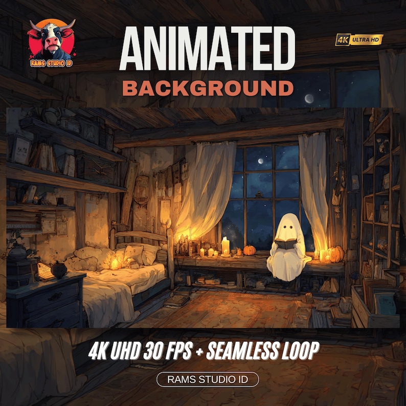 Animated Background of a Little Ghost Sits on a Bed in a Cozy ...