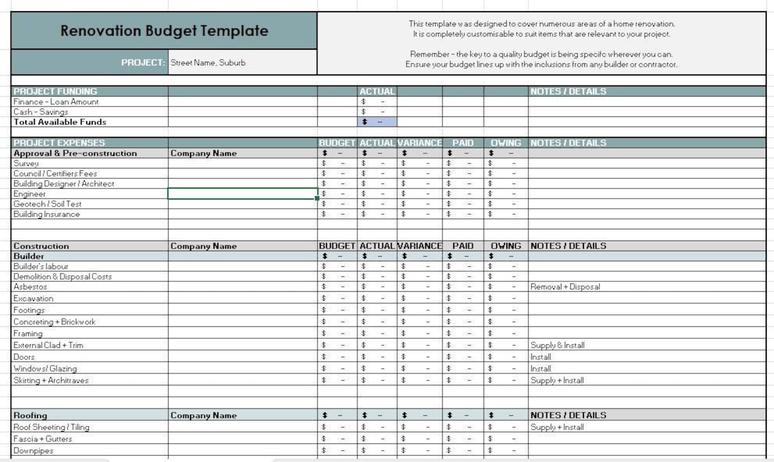 Renovation or New Home Budget Excel Template - Etsy