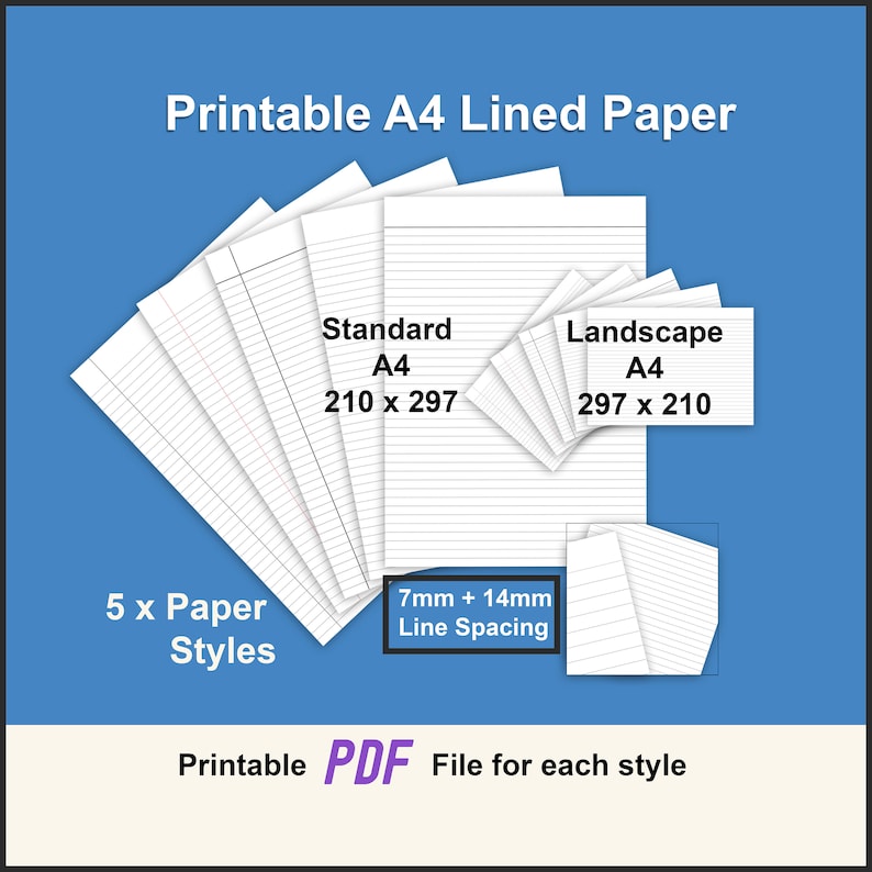 PRINTABLE Note PAPER Lines Bundle for A4 Paper in 5 Styles, Lined Paper ...