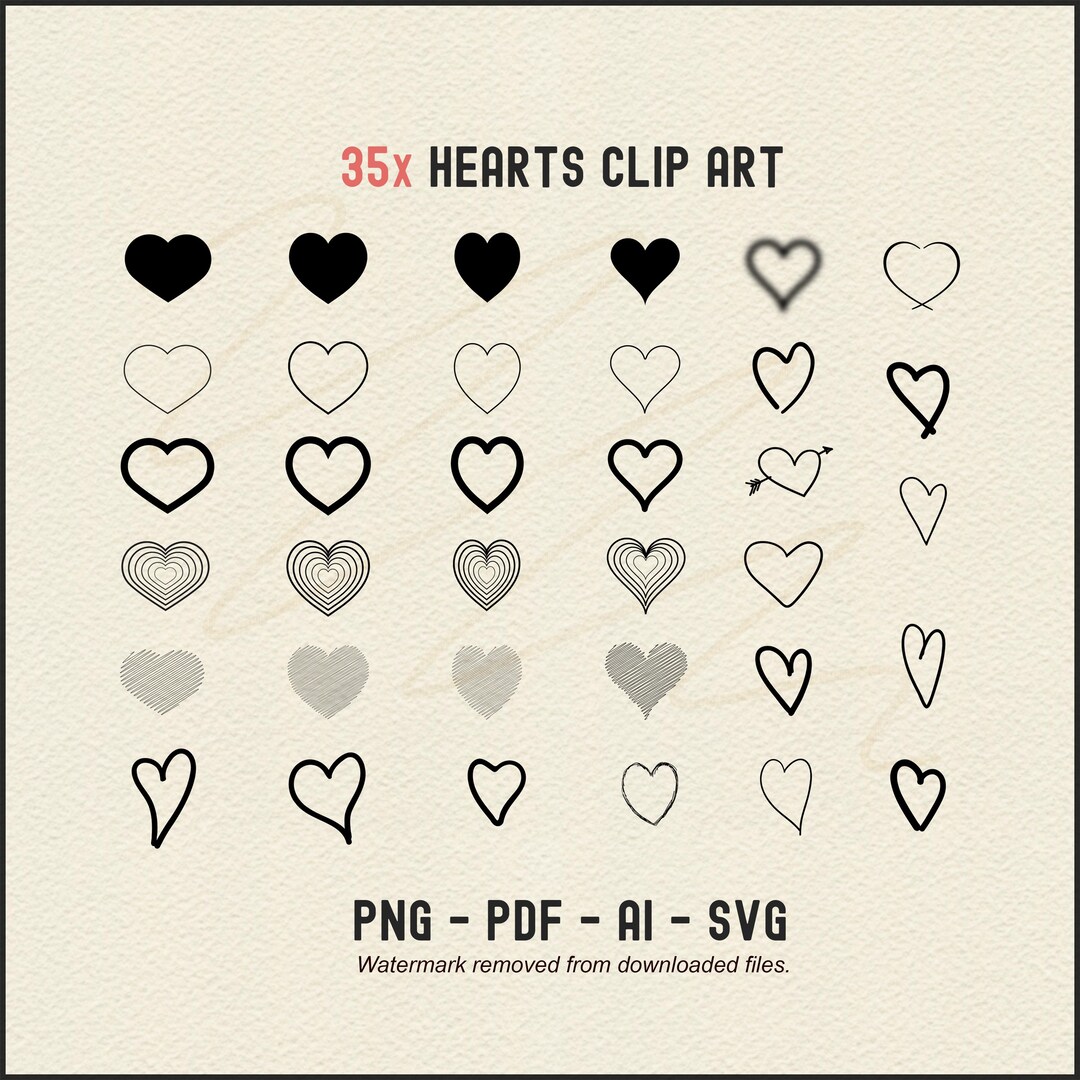 HEARTS CLIP ART Printable Bundle of 35 Heart Shapes Regular and Hand ...