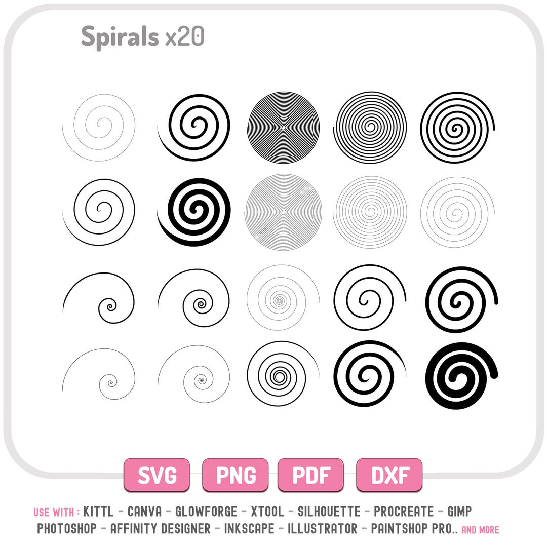 Spirals Bundle SVG DXF PNG: Cut, Engrave or Print Spiral Clip Art ...