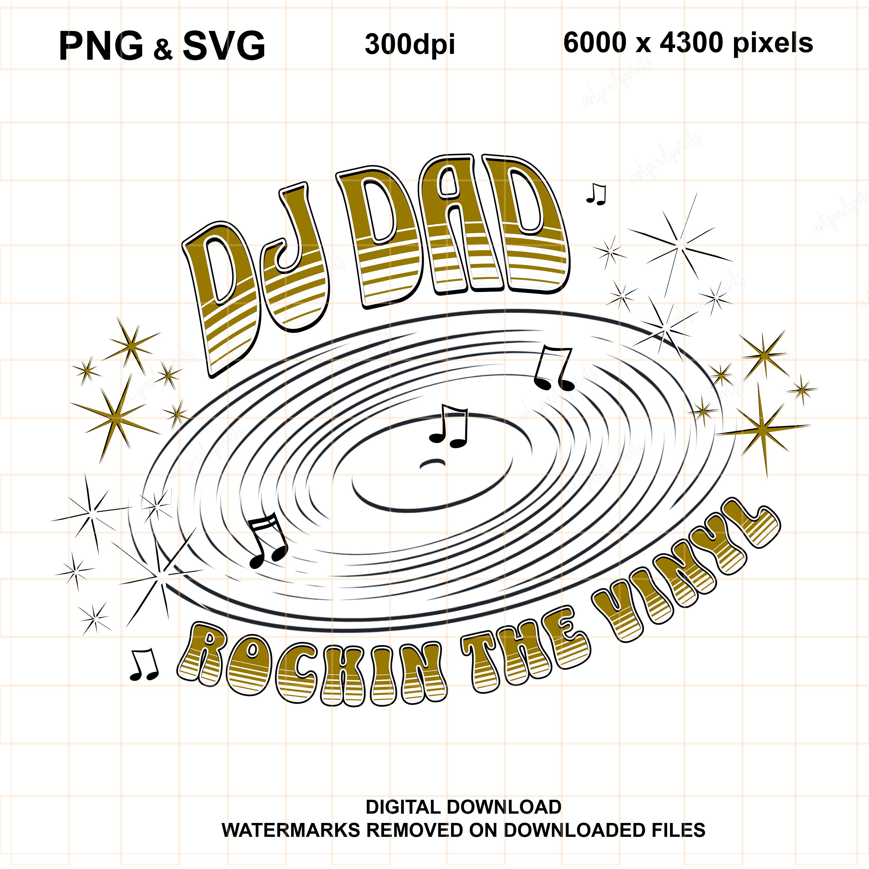 DJ DAD SVG + Png Rockin the Vinyl Retro Graphic Sublimation Dtg Print ...