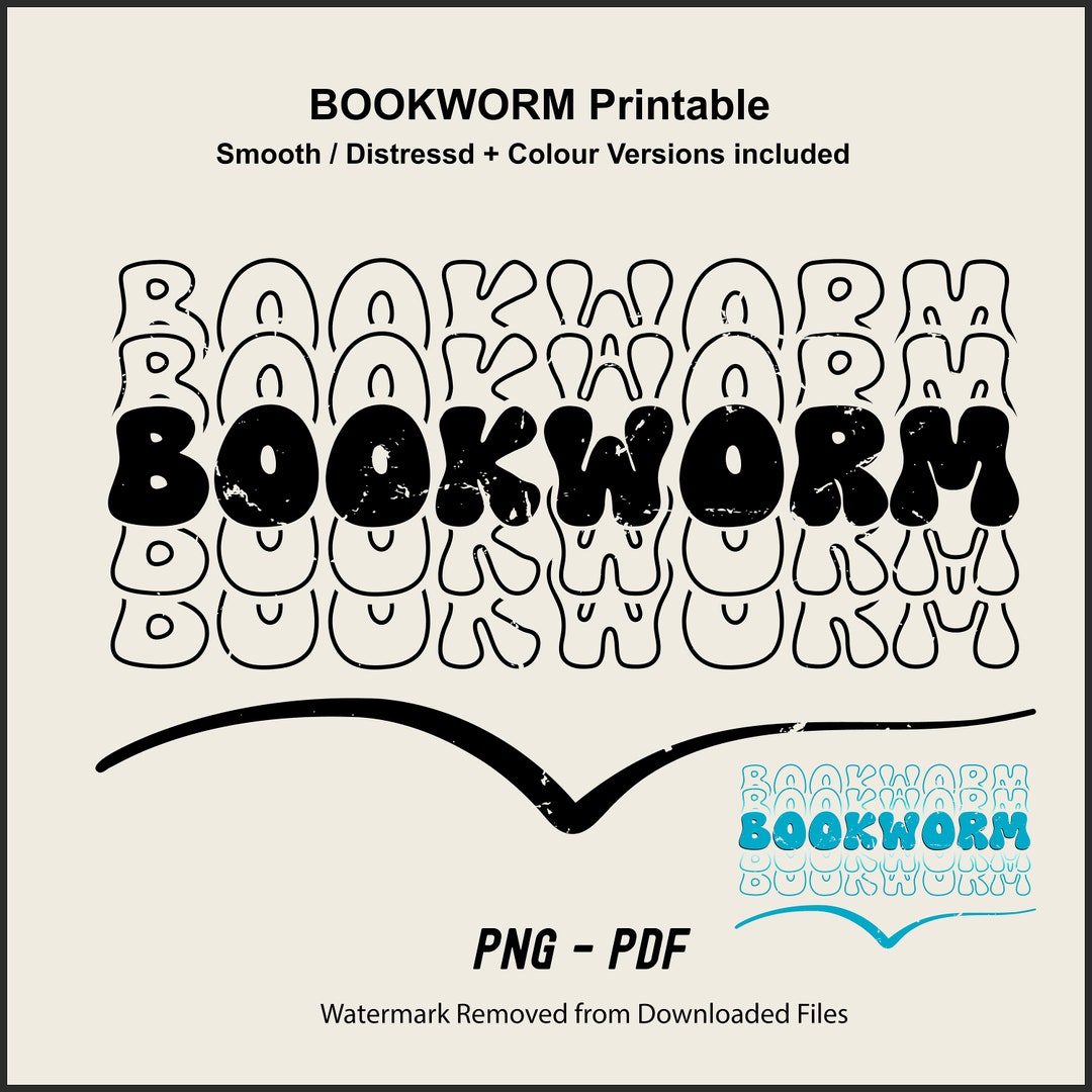 BOOKWORM PRINTABLE DESIGN Pdf + Png Files Digital Download. Distressed ...