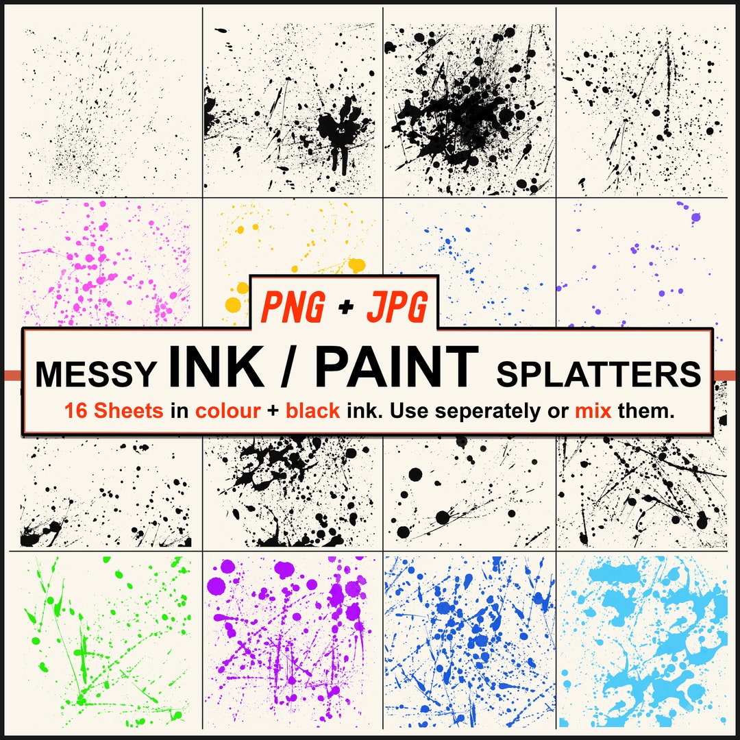 MESSY INK / Paint SPLATTERS Texture Bundle - Black + Colour Splats. Png + Jpg. Smooth + Grunge ...