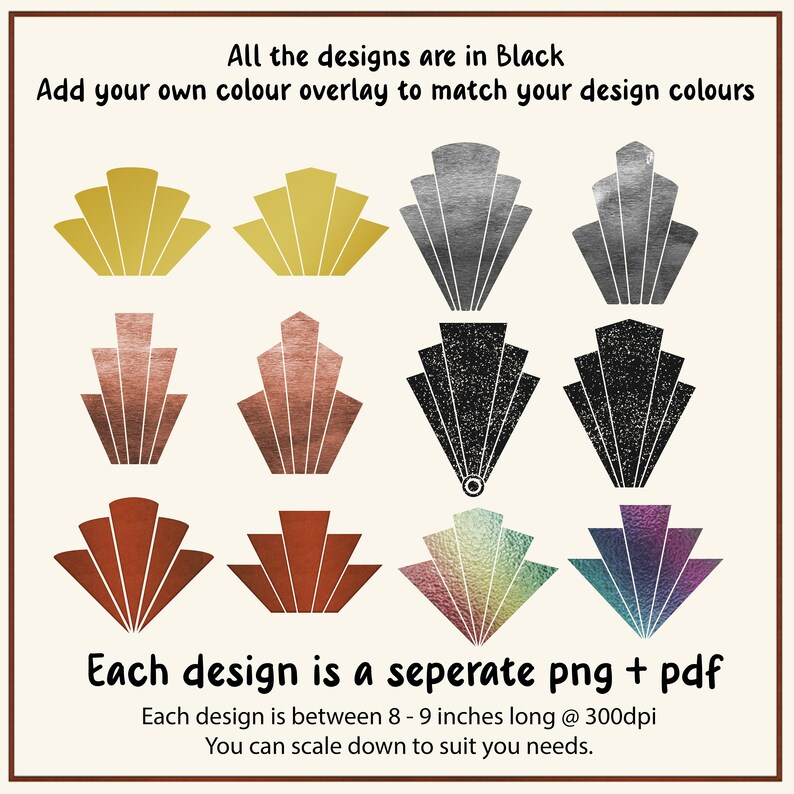 ART DECO SVG + Png Fan Towers Bundle in Black, Printable Art Deco Gatsby Style Decorative ...