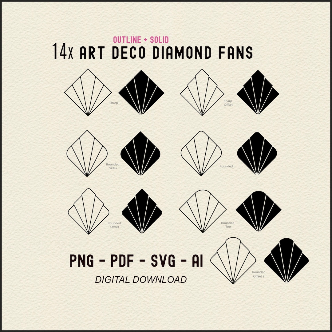 ART DECO Diamond FANS Svg + Png Decorative Fan Outlines + Solid Shapes ...