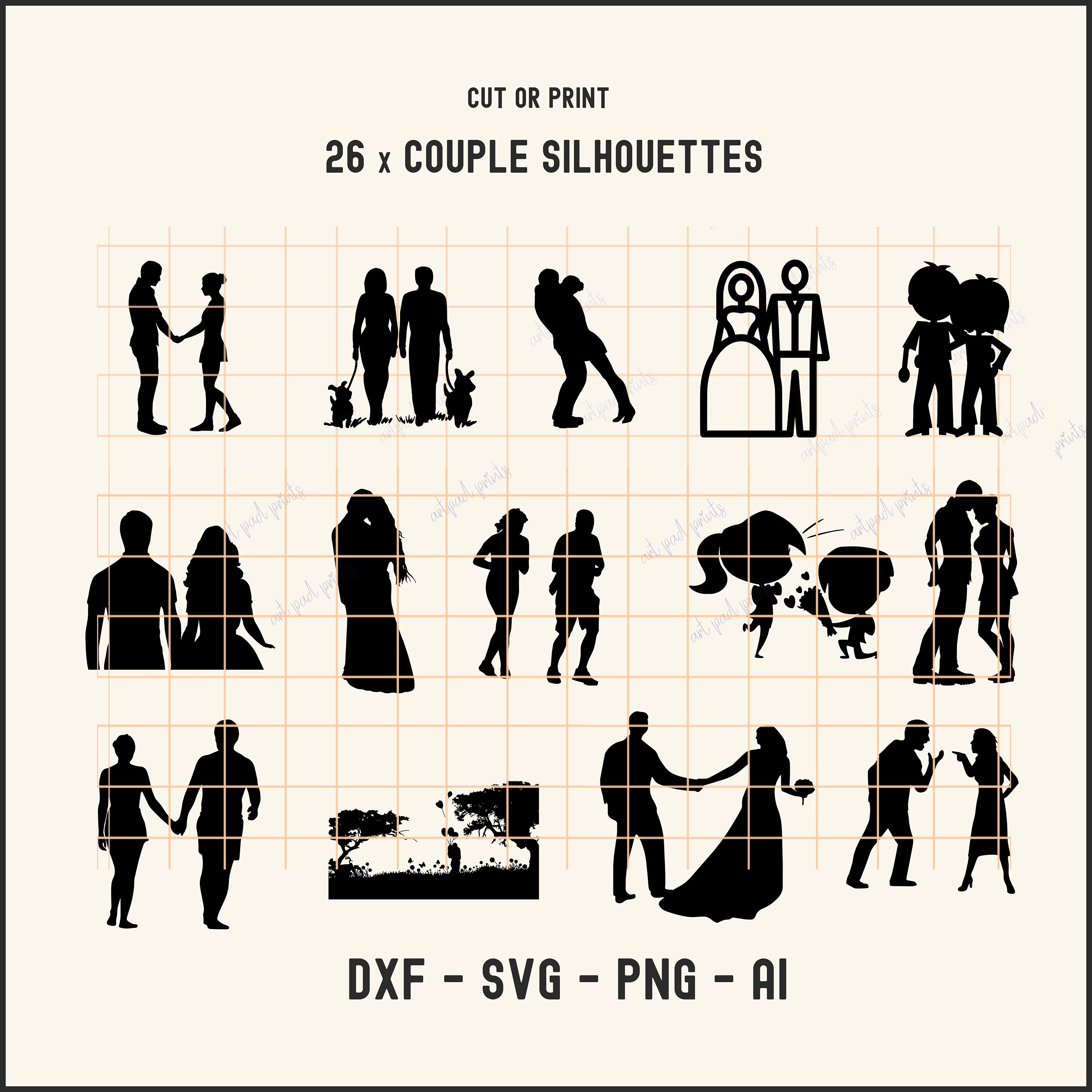 COUPLES SILHOUETTE Print or Cut Files Dxf, Ai, Svg, Png. 26 X Bundle ...