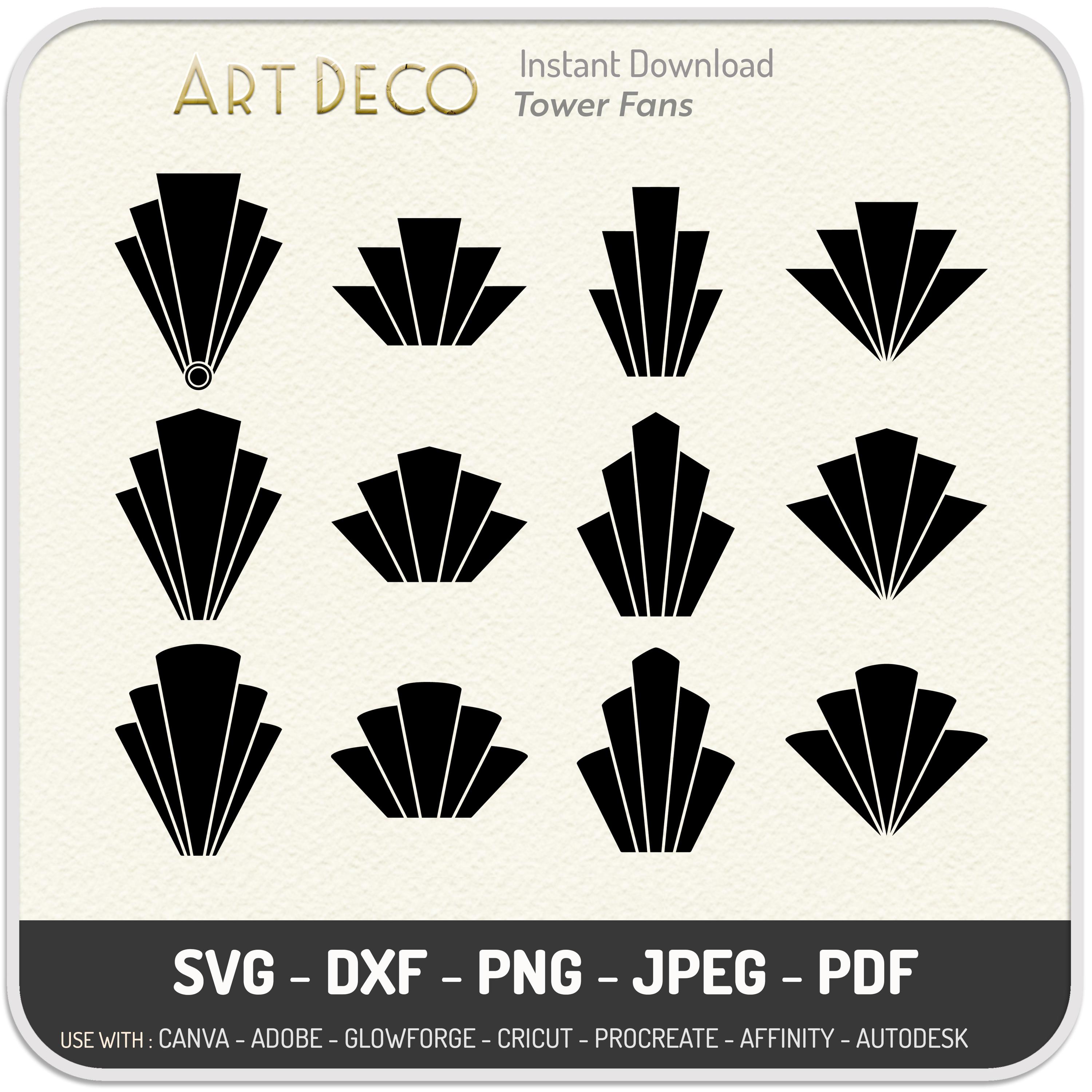 Art Deco Gatsby Fan Towers SVG DXF PNG Decorative Printable Elements ...