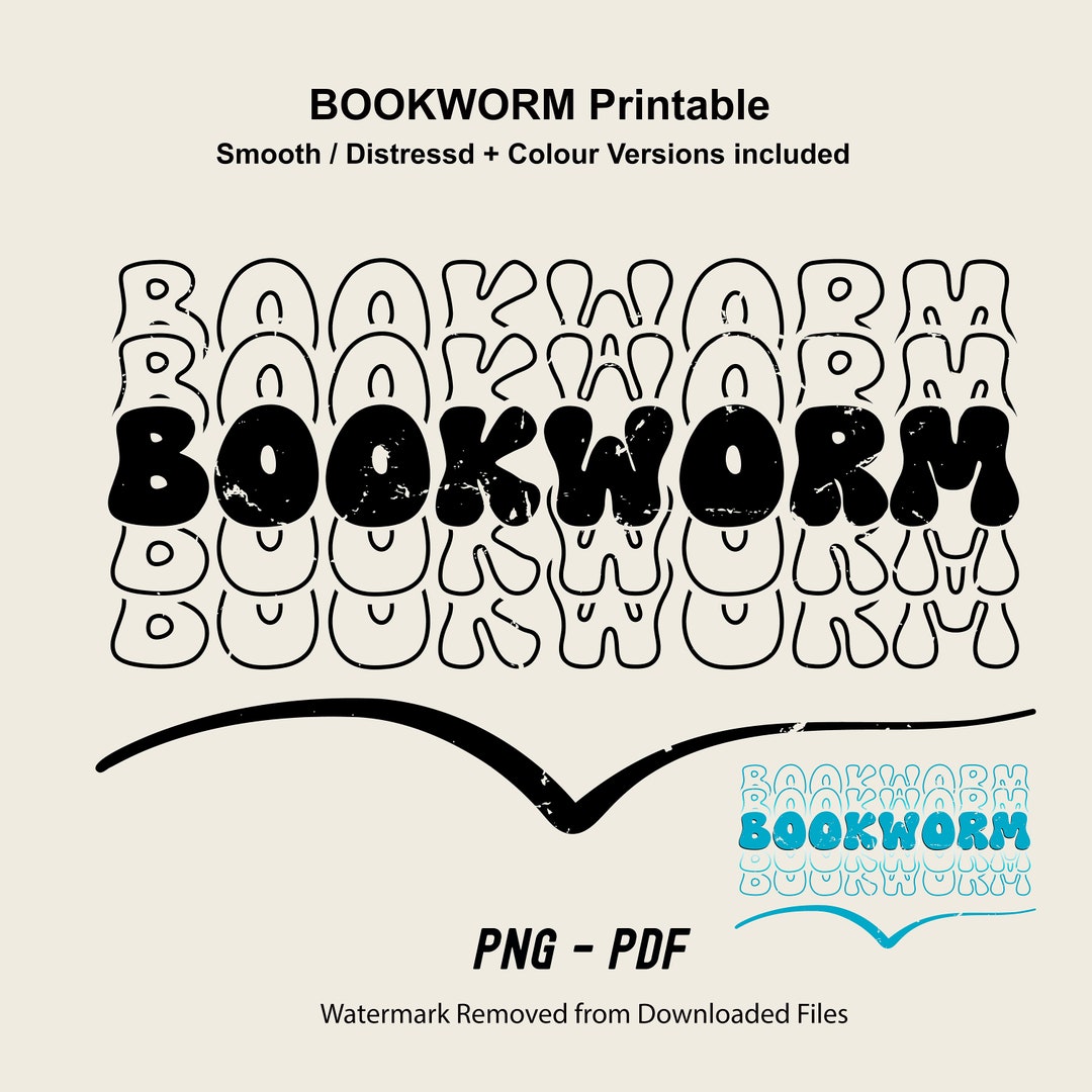 BOOKWORM PRINTABLE DESIGN Pdf Png Files Digital Download. Distressed ...