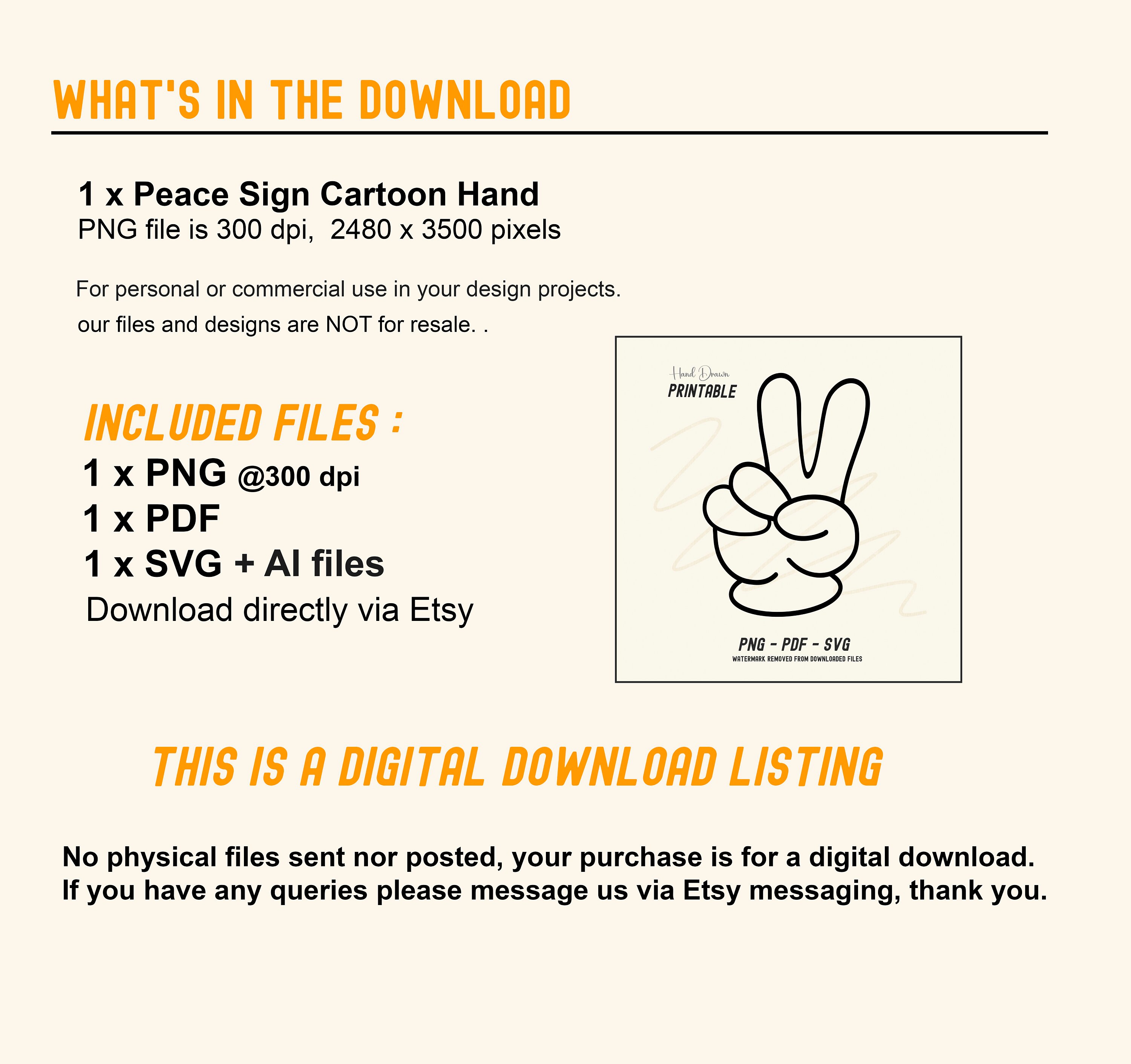 PEACE SIGN HAND Cartoon Style Printable Clip Art, Digital Download Png ...