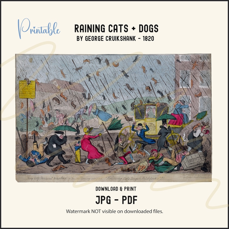 Raining Cats and Dogs Vintage Print by George Cruikshank (digital ...