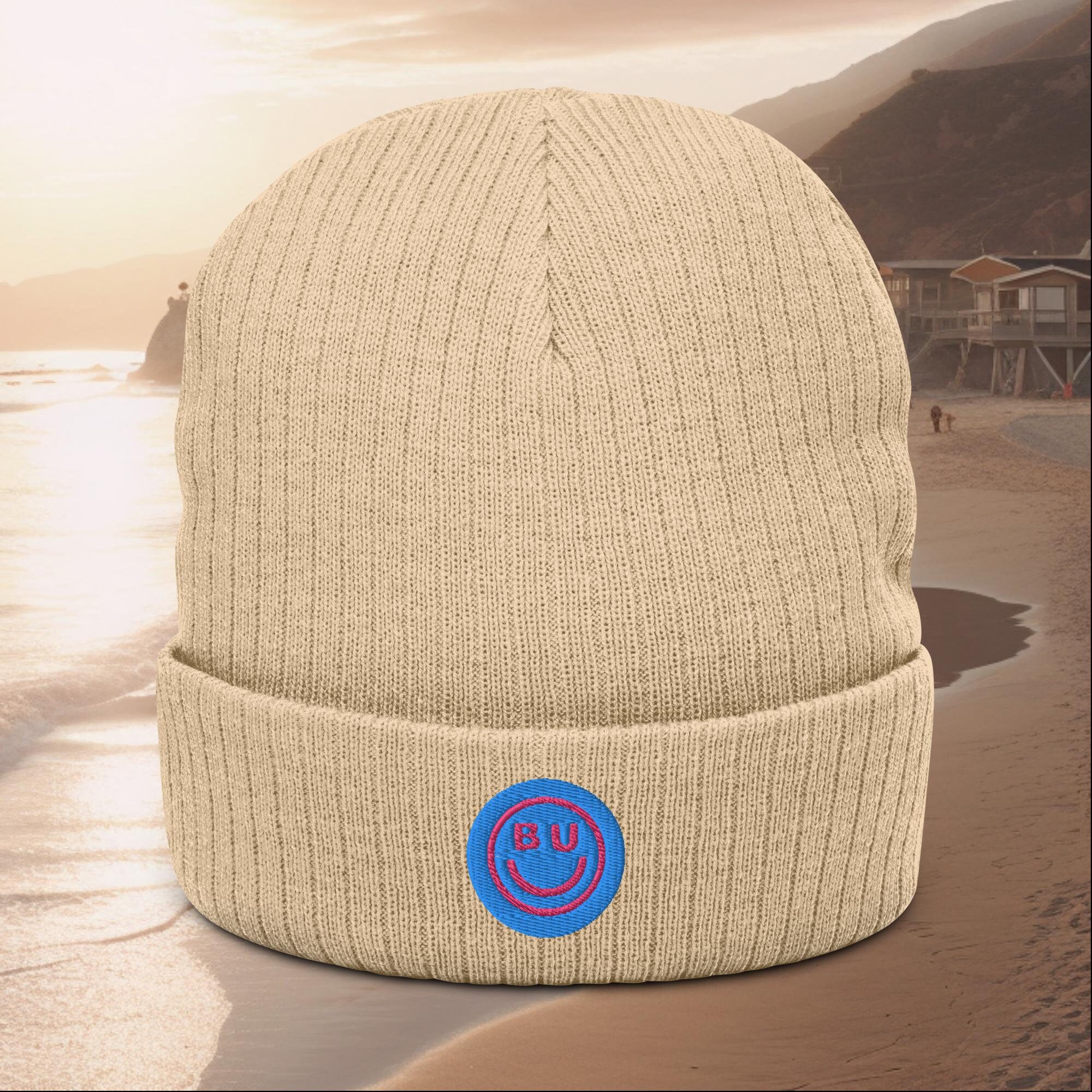 MALIBU • BU Smiley Face 3D Embroidery Rib Knit Beanie - Etsy