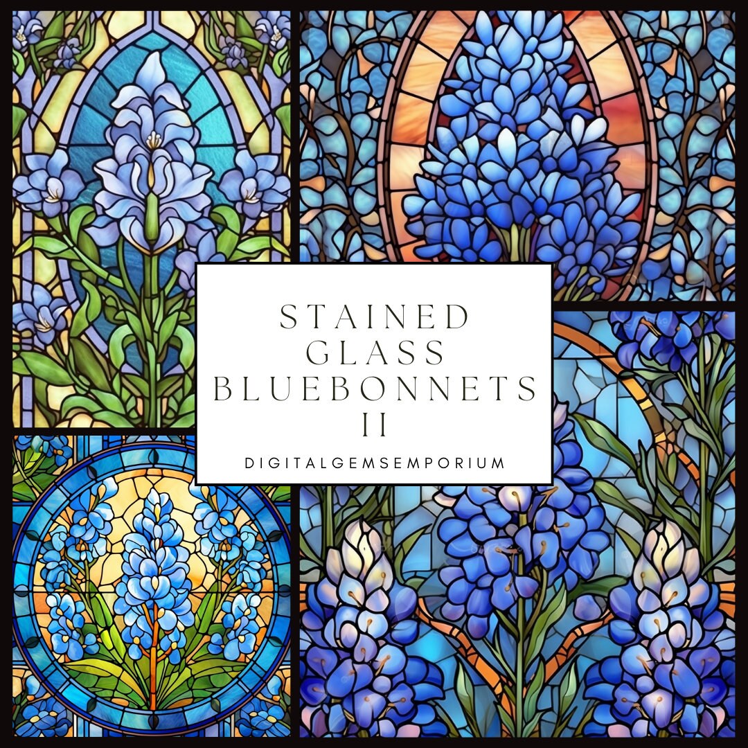 Stained Glass Bluebonnet Digital Paper Bundle 2, Printable Scrapbook ...