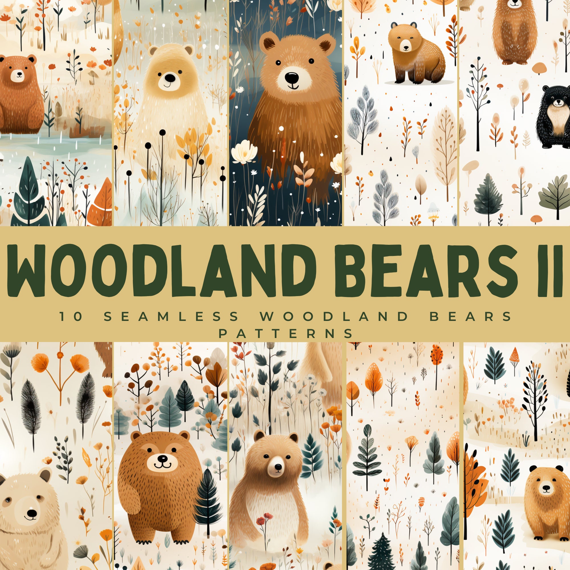 Cute Bear Digital Paper, Boho Digital Art, Seamless Watercolor Bears ...