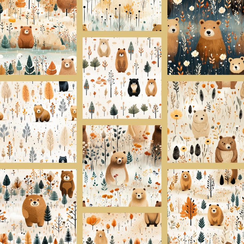 Cute Bear Digital Paper, Boho Digital Art, Seamless Watercolor Bears ...