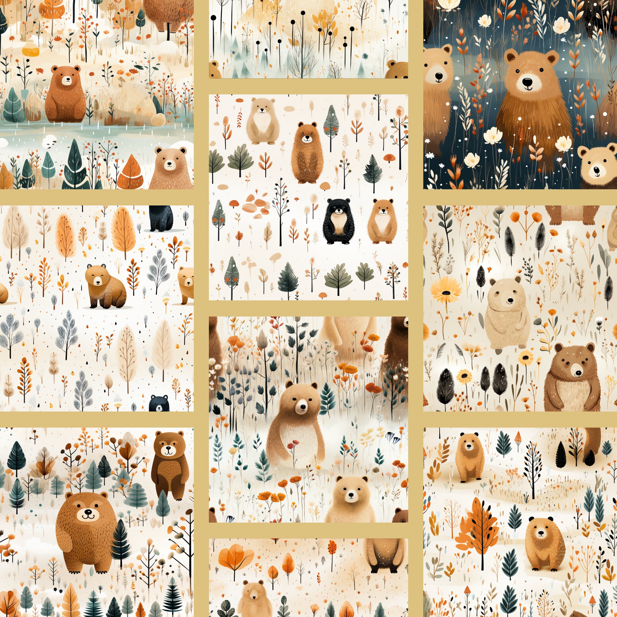 Cute Bear Digital Paper, Boho Digital Art, Seamless Watercolor Bears ...