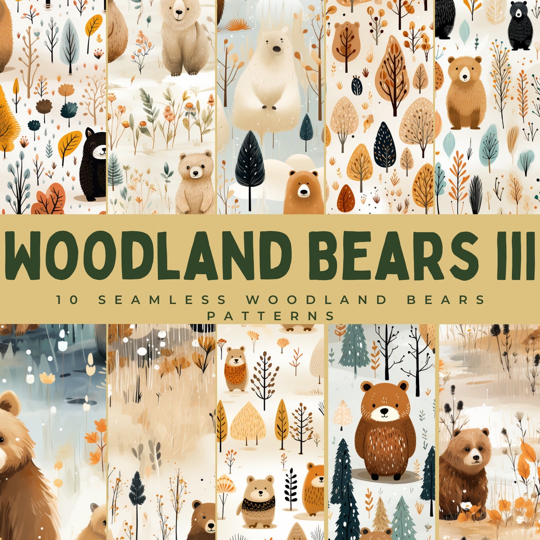 Cute Bear Digital Paper, Boho Digital Art, Seamless Watercolor Bears ...