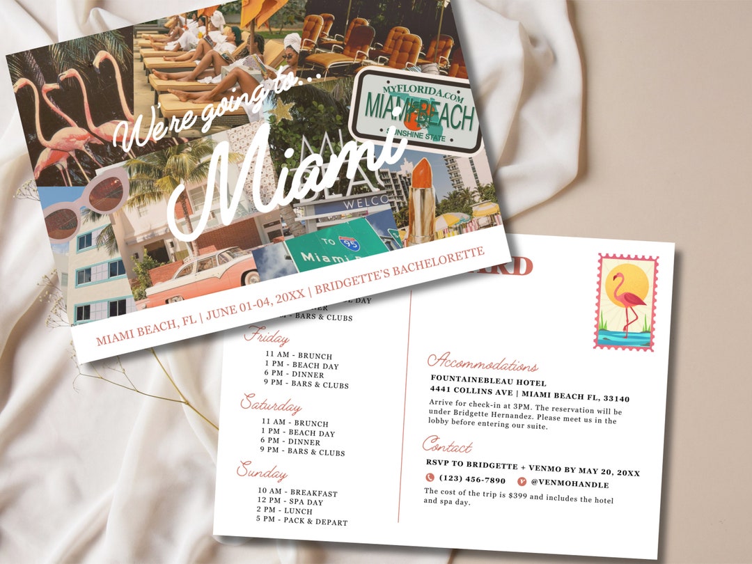 Miami Vintage Postcard Bachelorette Invitation Welcome to Miami ...