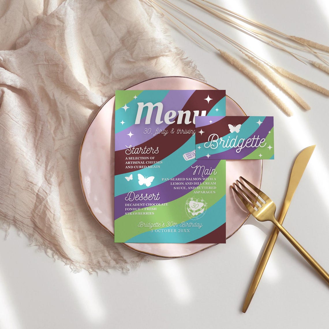 Retro 30th Birthday Menu & Place Card Template: Editable DIY Canva ...