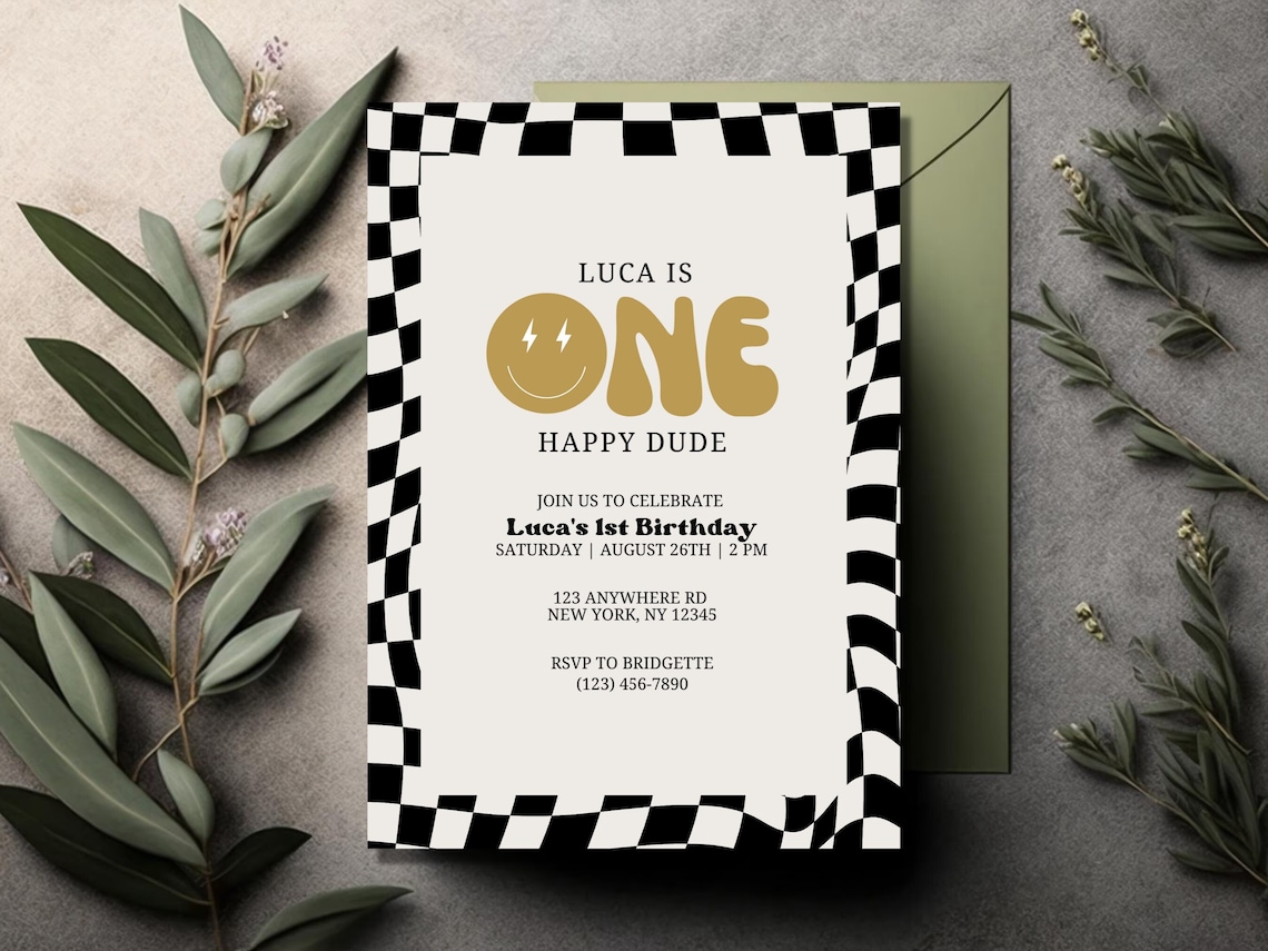 One Happy Dude Birthday Invitation Smiley Face Invitation - Etsy