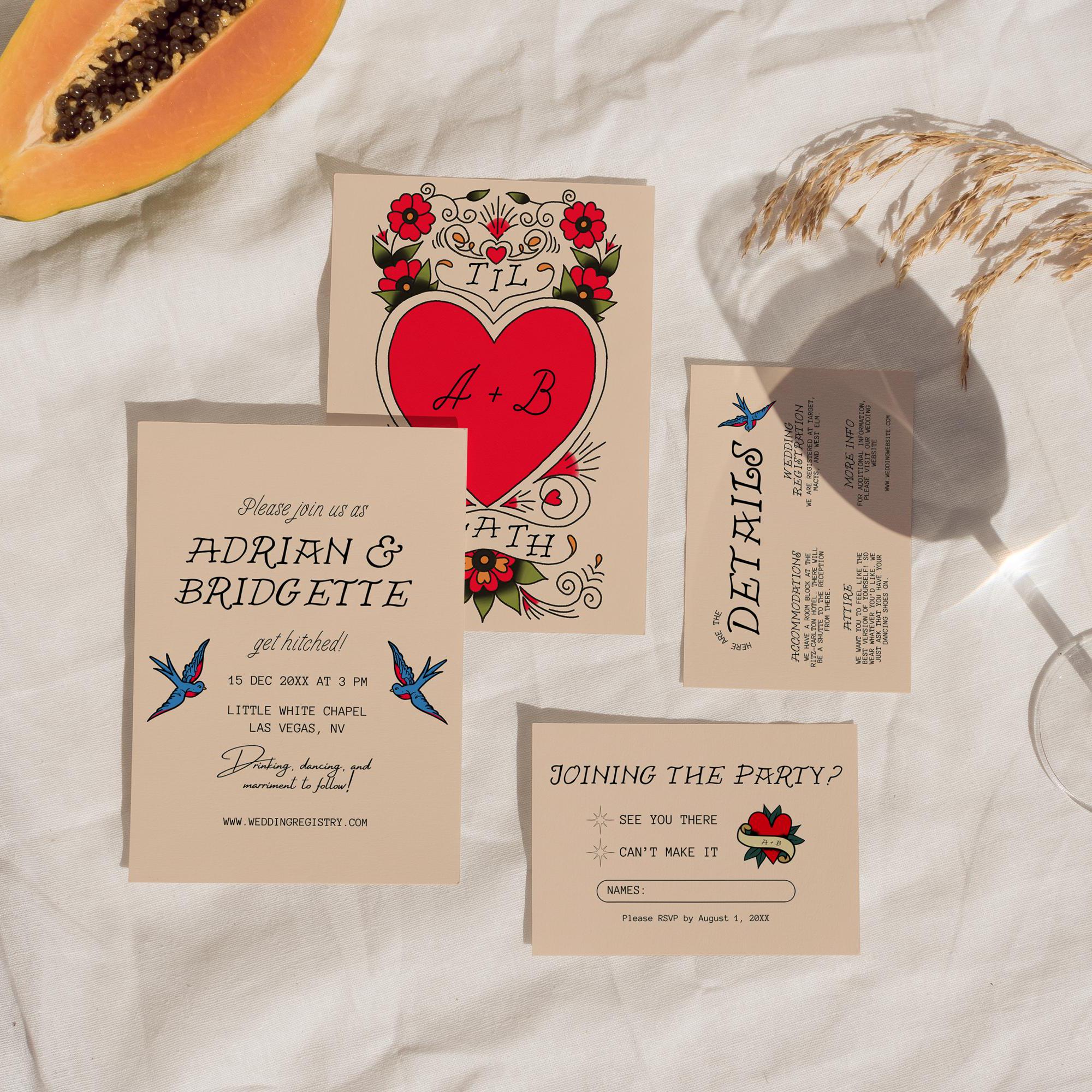 Traditional Tattoo Wedding Invitation Suite Template Rockabilly Old ...