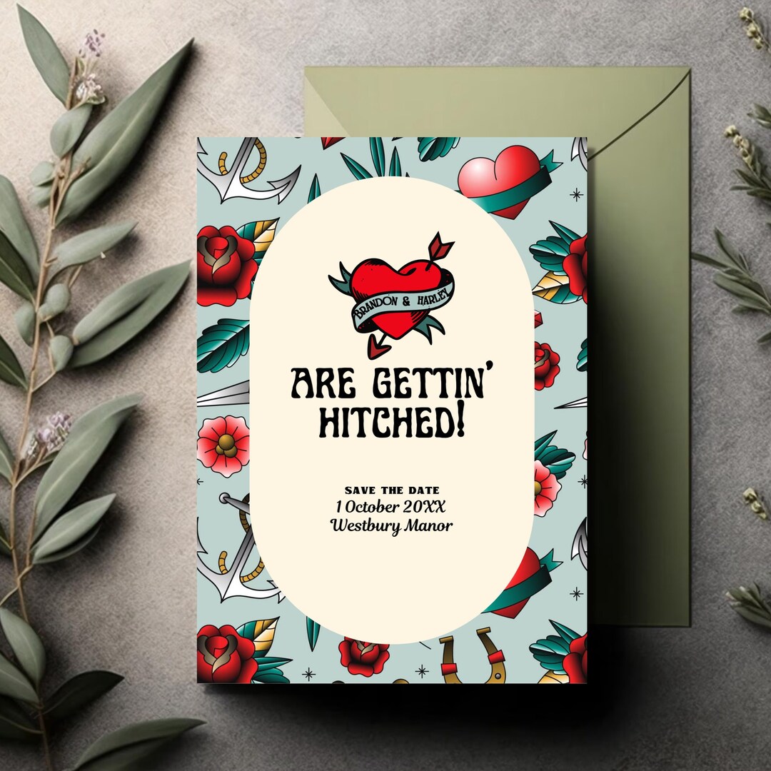 Getting Hitched Save the Date Card Retro Wedding Save the Date Template ...